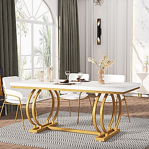 Tribesigns Modern Dining Table, 70.9 inches Wood Dinner Room Table for 6-8 People, Rectangular Kitchen Table with Gold Metal Circular Base for Kitchen, Dining Room, Living Room, White & Gold
