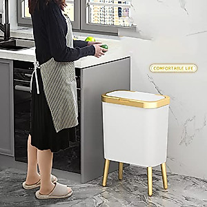 15L Bathroom Trash Can,Plastic Garbage Can with Push Button,Kitchen Trash Can with Lid, Large Capacity Slim Waste Basket with Legs for Kitchen, Home, Living Room, Toilet, Office (White)