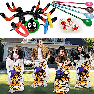 17 Pcs Halloween Party Games, 4 Potato Sack Race Bags, Inflatable Spider Ring Toss Game, 4 Eyeballs and Spoon Race Game for Kids Family Adults 4 Players Halloween Party Favor Decor Outdoor Indoor Yard