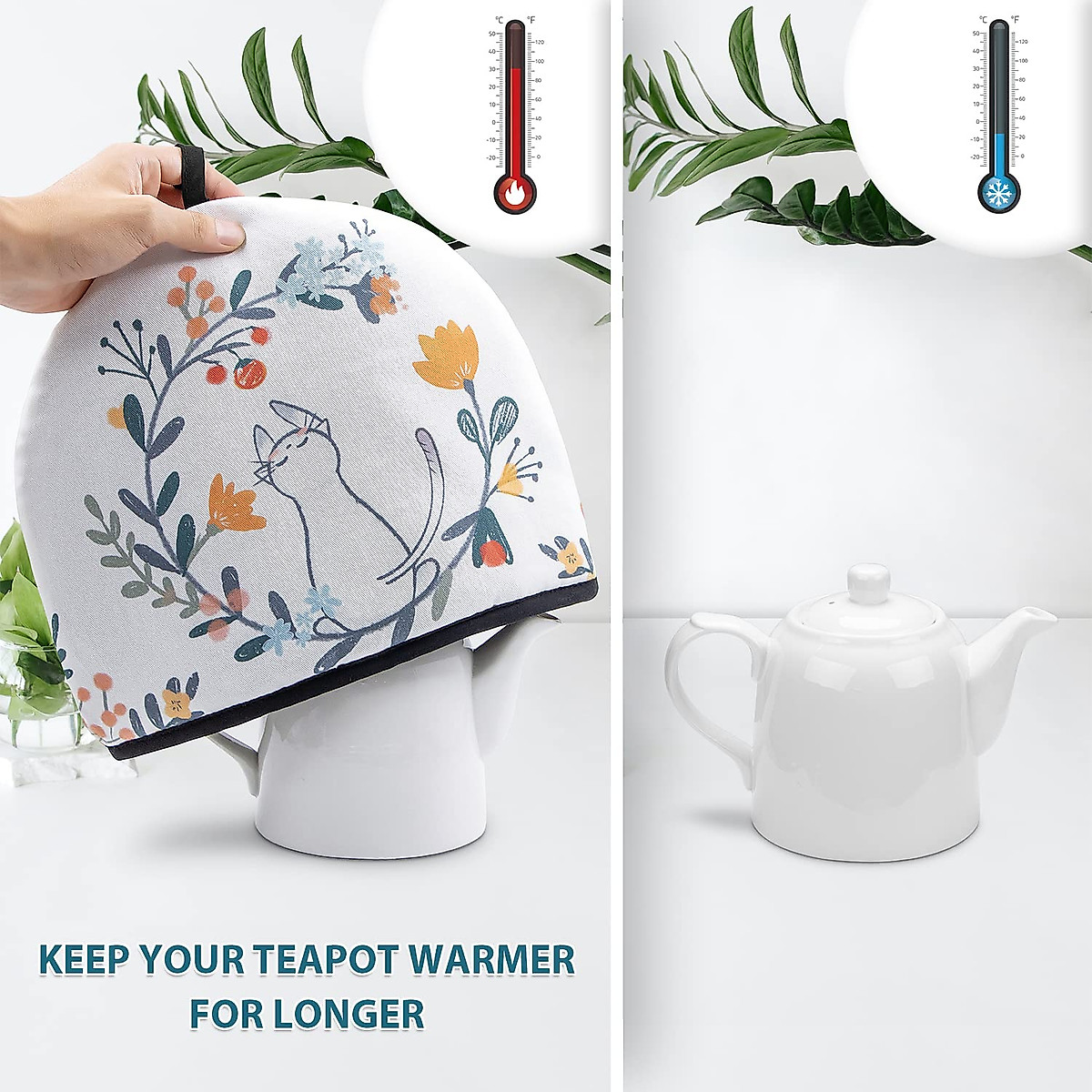 Adhafera Tea Cozy, Tea Cozy for Teapot with The Cat and Penguin Pattern, Gifts with 100% Cotton Polyester Wadding Cover, for Kitchen and Dining