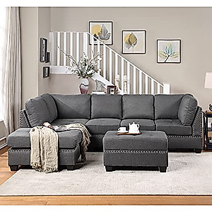 Reversible Modular Sectional Sofa,Longue Chaise,Rivet Ornament L-Shape Corner 5-Seat Couch Upholstered Sofá with Storage Ottoman&2 Cup Holders for Living Room Furniture Sets