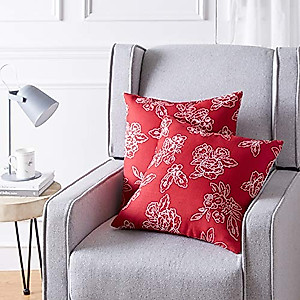 Amazon Basics 2-Pack Linen Style Decorative Throw Pillows - 18" Square, Classic Red Floral