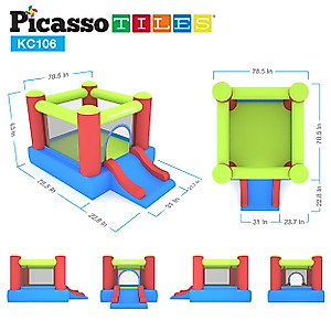 PicassoTiles Inflatable Bouncer House KC106 + KC108, Jump Slide Playhouse w/ 50 Pit Balls, 3 Sides Mesh Protection, Water Slide Park w/Pool Area, Climbing Wall, Shower Head Sprays Mount, Water Cannon