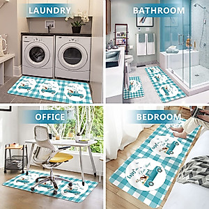 2 Pieces Kitchen Mats Floor Area Rug Set Farmhouse Teal Truck Cute Dog Non-Slip Doormat, Indoor Water Absorbent Standing Runner Rugs for Home Decor Spring Flower Butterfly Aqua Plaid