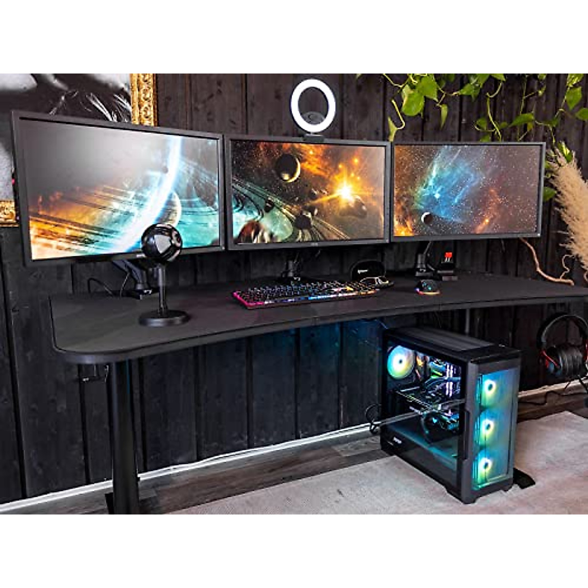 Arozzi Arena Ultrawide Curved Gaming and Office Desk with Full Surface Water Resistant Desk Mat Custom Monitor Mount Cable Management Cut Outs Under The Desk Cable Management Netting - Dark Grey