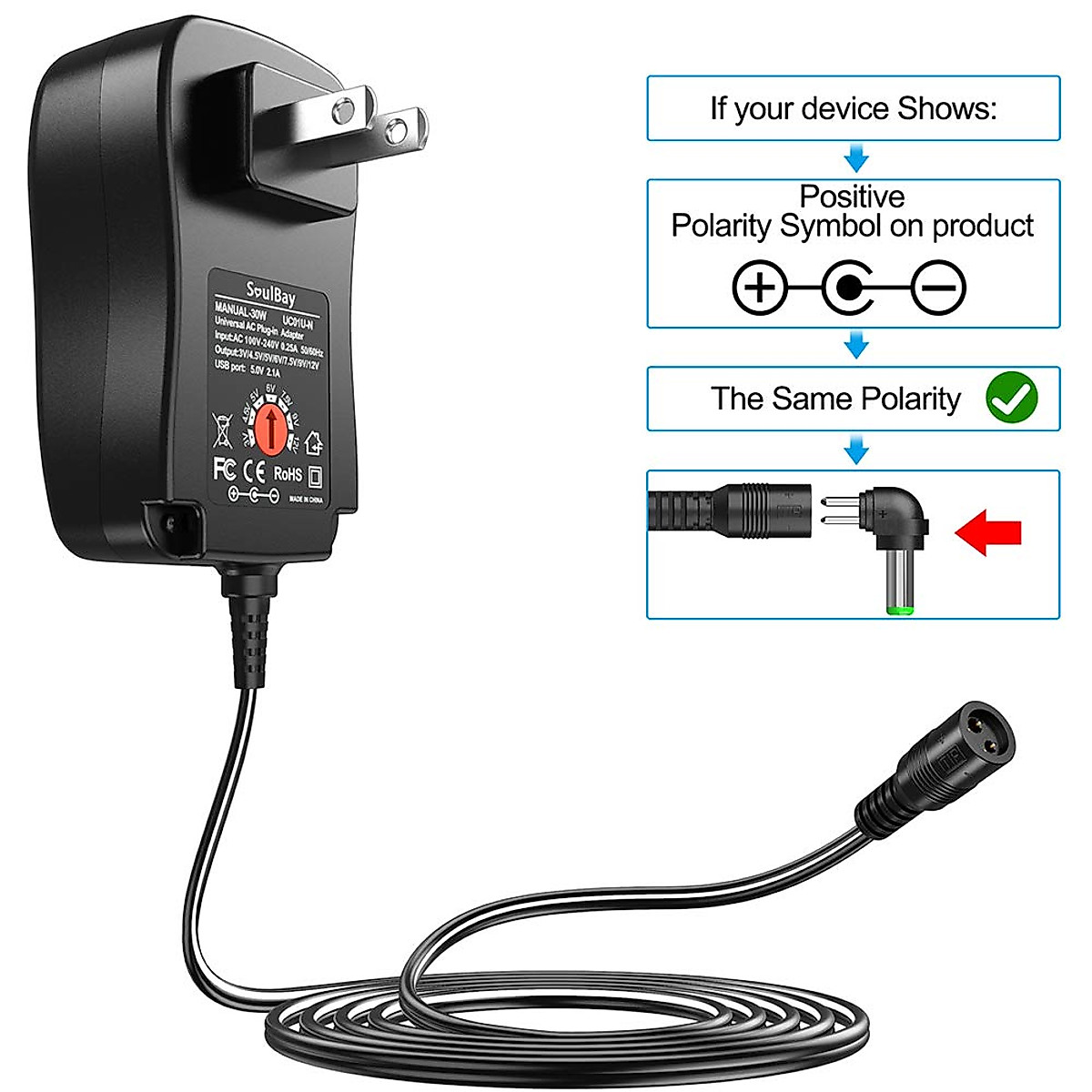 SoulBay Universal Power Supply AC to DC 3V 4.5V 5V 6V 7.5V 9V 12V Multi Voltage Power Adapter with 8 Plugs for Center Negative(-) Tip Negative Effects Pedals Keyboards Instrument - 2A Max