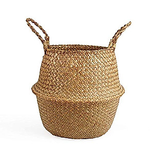 BlueMake 2Pack Woven Seagrass Belly Basket for Storage Plant Pot Basket,Laundry, Picnic Basket (Medium+Large)