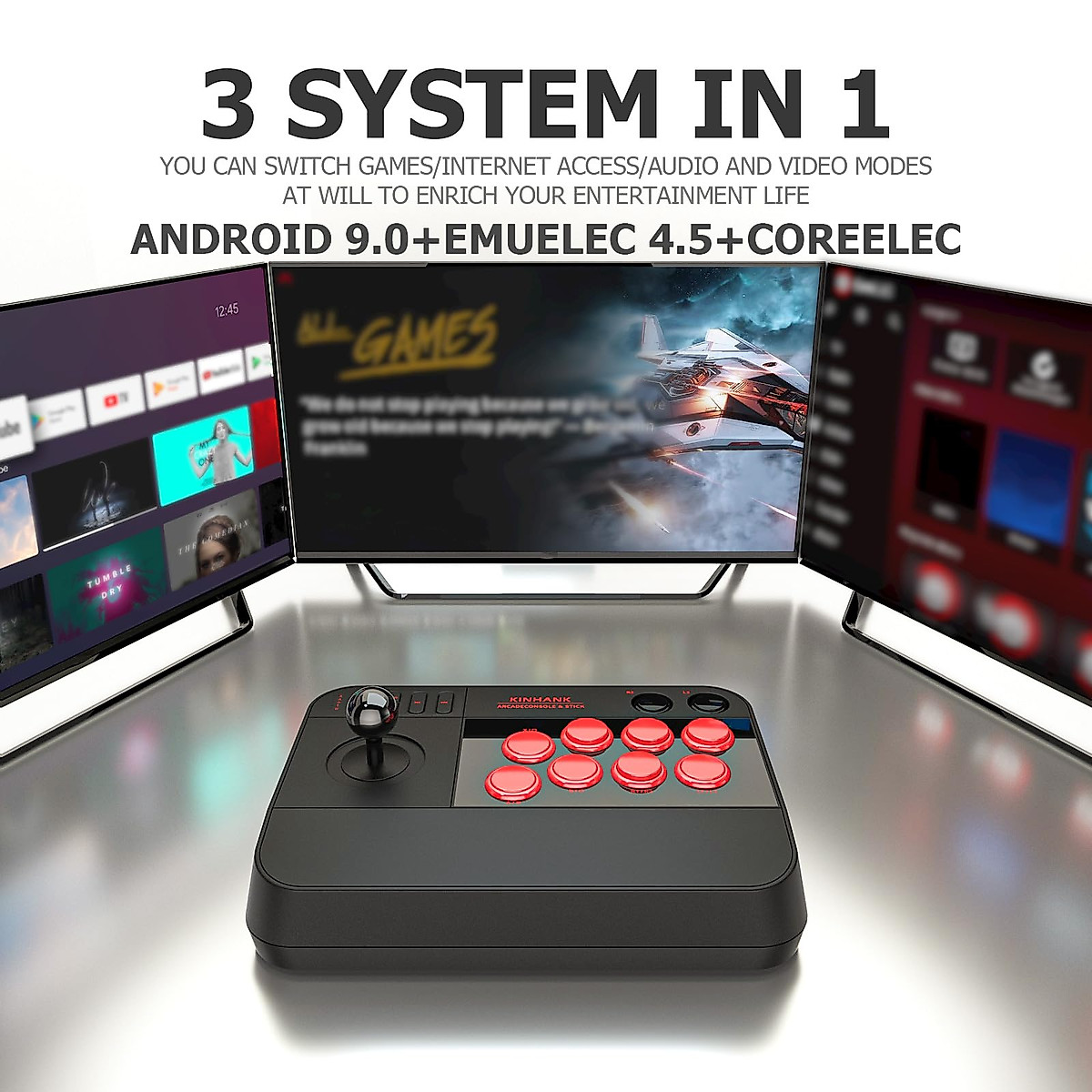 Arcade Stick X3 Super Console, Retro Game Console,50000+Games, All-Around 3D Joysticks, Support Custom Buttons,EmuELEC 4.5/Android 9.0 /CoreE 256G TF Card, Black
