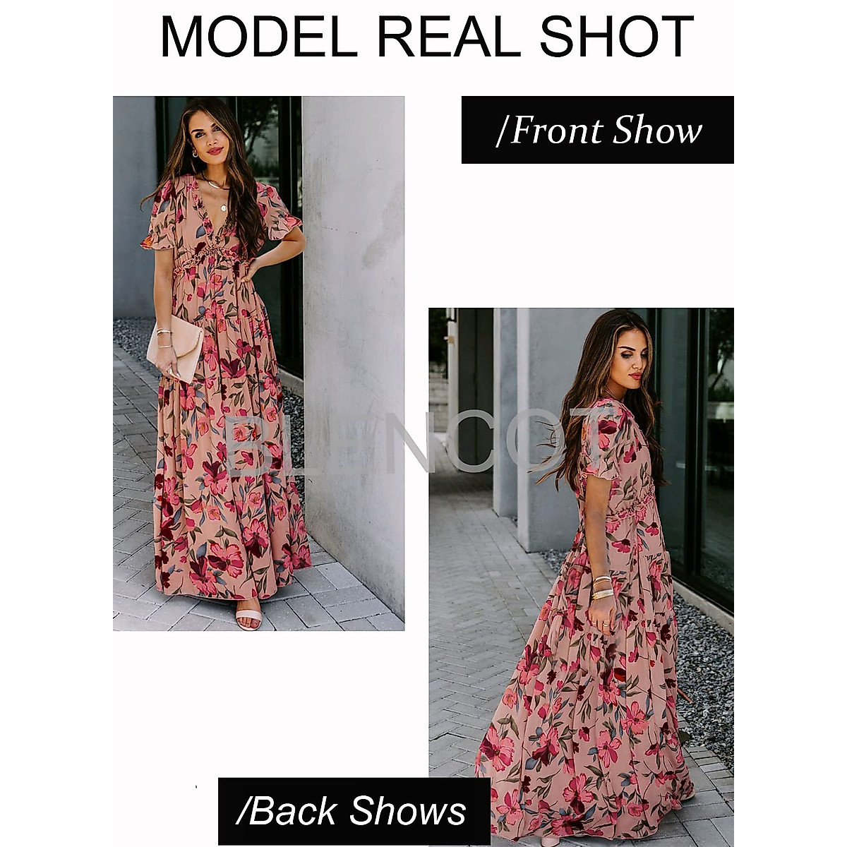 BLENCOT Women's Casual Boho Floral Printed Deep V Neck Loose Short Sleeve Long Evening Dress Ruched Cocktail Party Maxi Wedding Dress Red X-Large