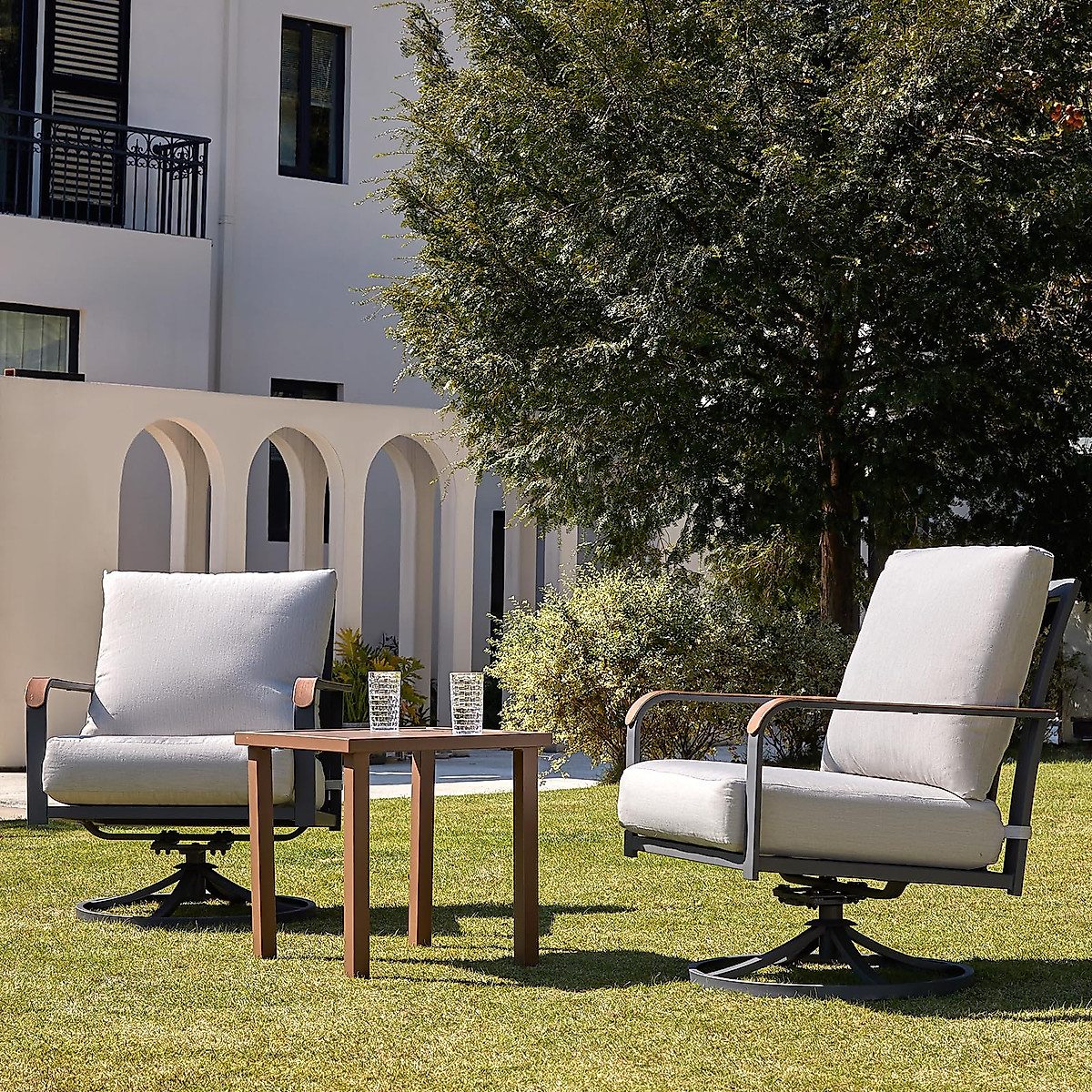 NATURAL EXPRESSIONS Outdoor Bistro Set, 3 Piece Swivel Glider Rocking Chairs Patio Conversation Furniture Set with 2 Rockers, 1 Metal Table and 6" Thick Cushions for Backyard, Porch, Balcony, 350lbs.