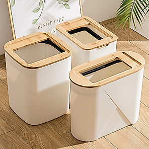 DoxiGlobal Slim Plastic Trash Can with Wood Lid Wastebasket Waste Bin Little Garbage Container Bin White for Home Office Bathroom Kitchen Living Room (Rectangle-3.4Gal)