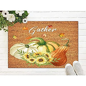 Fall Gather Coir Doormat Weather Resistant Door Mats Outdoor Funny Indoor Outdoor Welcome Front Entrance Doormat Autumn Pumpkin Sunflowers Fall Welcome Mat Front Door Entryway Mats 16x24in