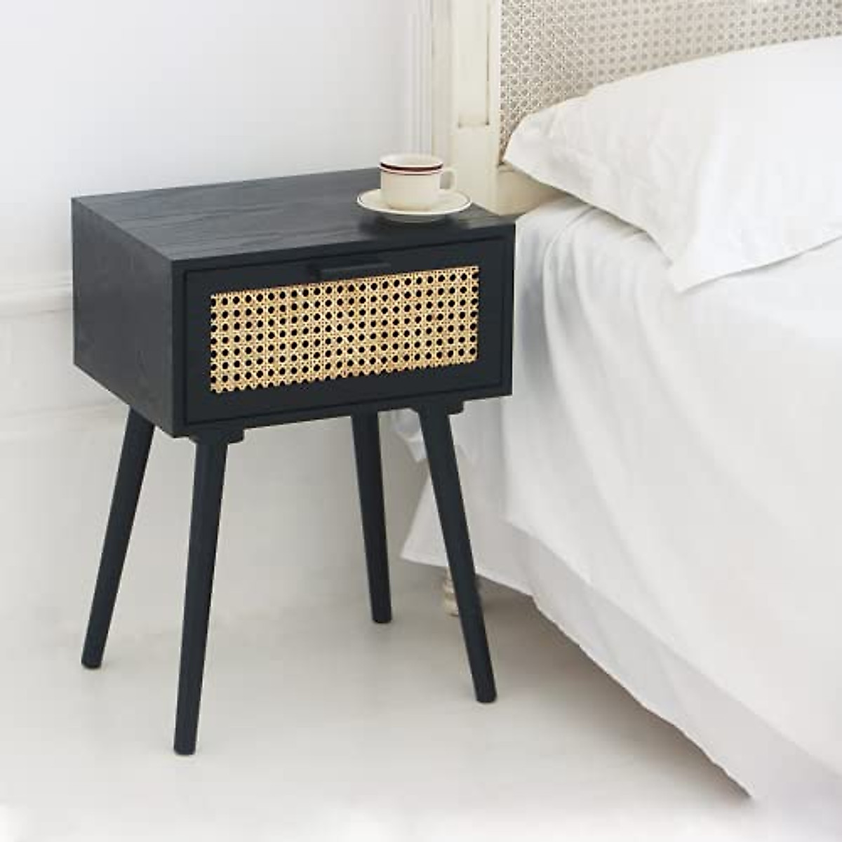 AWASEN Mid Century Nightstand with Drawer, Rattan Side Table for Living Room, Bedroom and Small Space, Solid Wood Legs & Natural Rattan Bedside Table, Easy Assembly (Black)