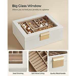 SONGMICS Jewelry Box with Glass Lid, 2-Layer Jewelry Organizer with Removable Tray, Jewelry Storage, Modern Style, Gift for Loved Ones, Cloud White and Metallic Gold UJBC238W01