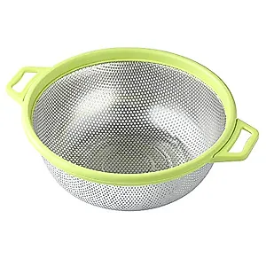 Stainless Steel Colander With Handle and Legs, Large Metal Green Strainer for Pasta, Spaghetti, Berry, Veggies, Fruits, Noodles, Salads, 5-quart 10.5” Kitchen Food Mesh Colander, Dishwasher Safe