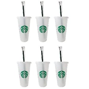 Starbucks 6 Pack Bundle - Reusable Frosted 24 oz Cold Cups with Lid and Green Straw w/ Stopper