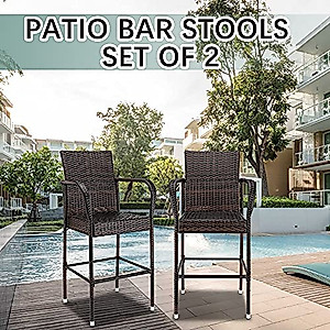 JOYBASE Outdoor Bar Stools Set of 2, Patio Stools, Tall Patio Chairs, Wicker Rattan Outside Barstool with Back and Armrest (Brown)