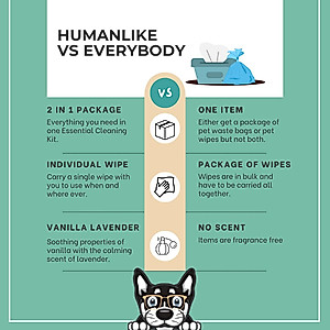 Vanilla Lavender Scent 180 Dog Poop Bags Rolls (12 rolls) & 25 Individual Pet Wipes - 2 in 1 Calming Cleaning Kit for Pet Owners, Cat Litter, Dog Leash, Pet Supplies, Puppy Pads.