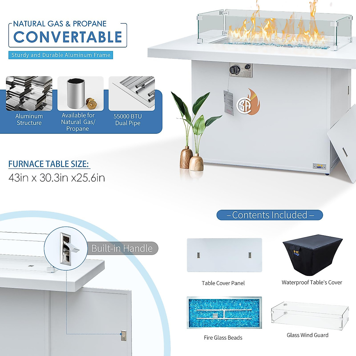 NICESOUL® 9 Pieces Aluminum Patio Furniture with Fire Pit Table Outdoor Conversation Set 43" Propane Gas Convertable Outdoor Modern Luxury Sectional Sofa Set White Color