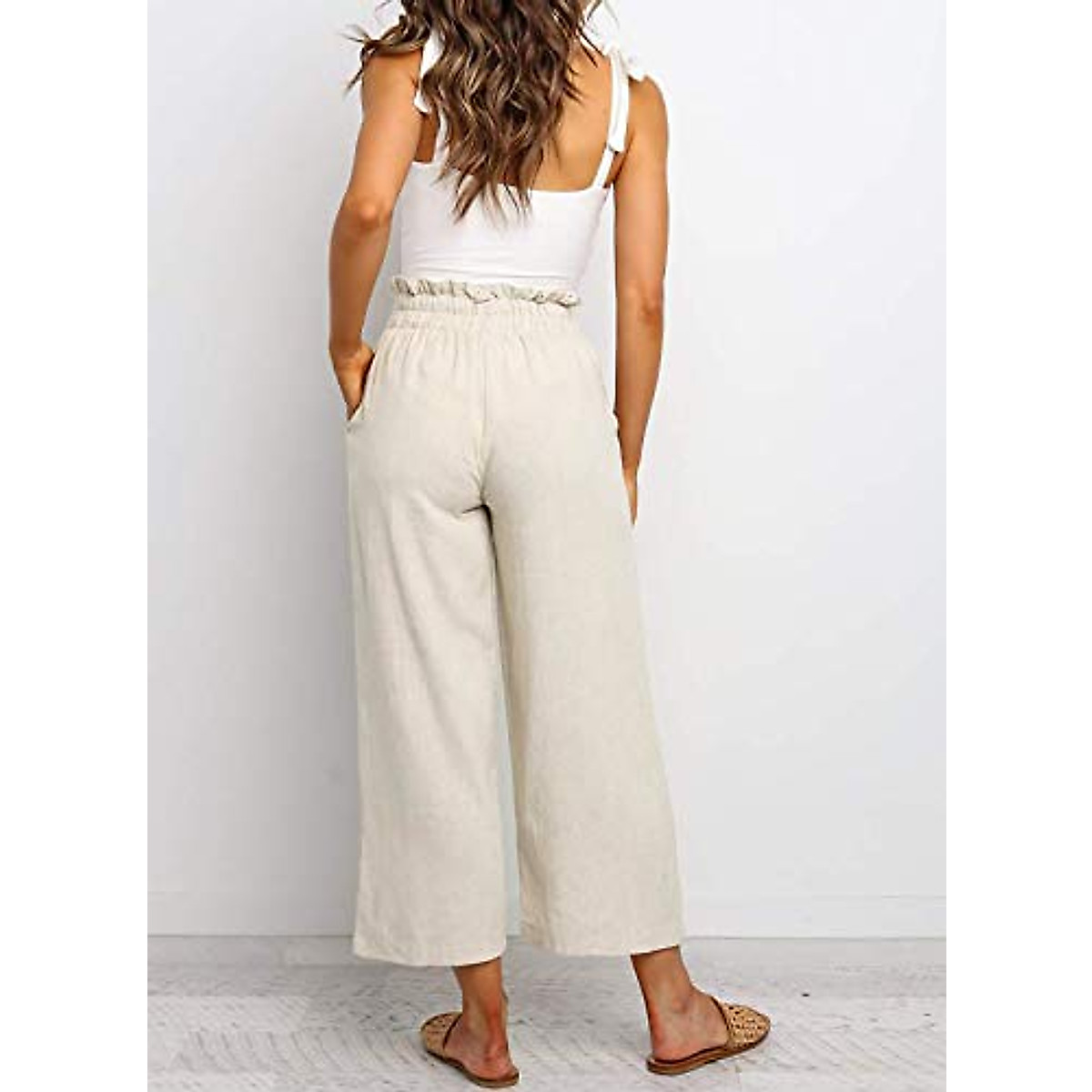 Dokotoo Womens Comfy Casual Loose Stretch Drawstring Tie Elastic Waist Solid Jogging Jogger Work Office Wide Leg Pants Sweatpants for Women with Pockets Khaki Medium