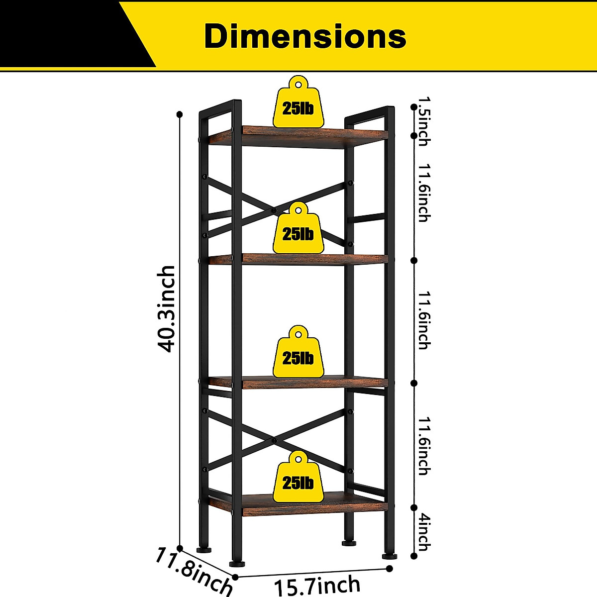 GIOTORENT 4 Tier Book Shelf, Small Bookshelf Storage Organizer, Tall Narrow Bookcase with Storage Shelves, Wooden Industrial Office Shelves for Bedroom, Living Room, Rustic Brown