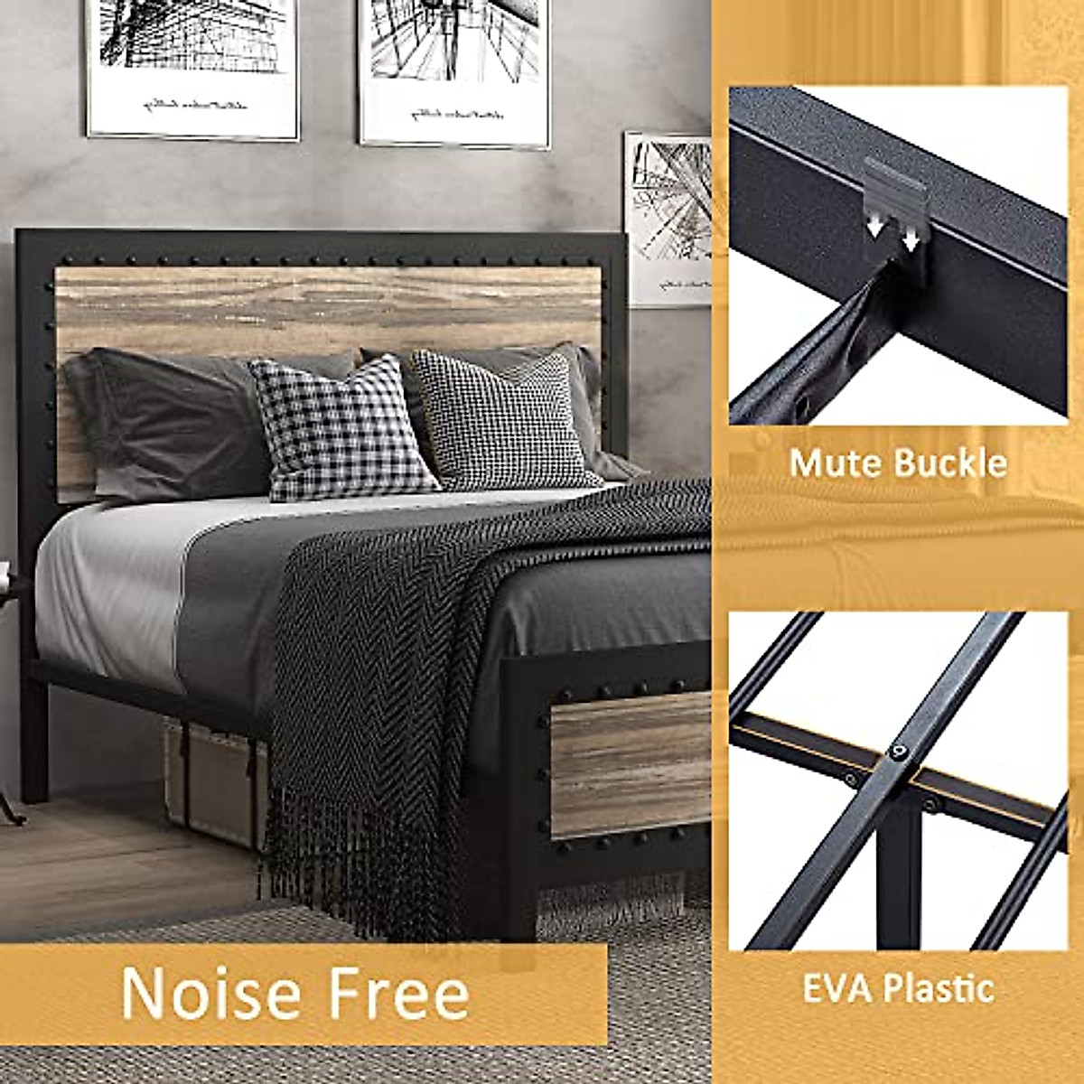 SHA CERLIN Heavy Duty Full Size Bed Frame/Metal Platform Bed with Rivet Wooden Headboard Footboard/ 13 Strong Steel Slats Support/No Box Spring Needed/Mattress Foundation/Easy Assembly