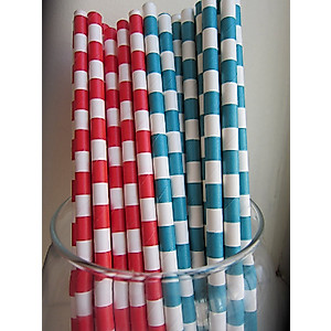Dr. Seuss Inspired Color Themed Red and Aqua Paper Drinking Straws 50 Ct. - Twilight Parties by Twilight Parties