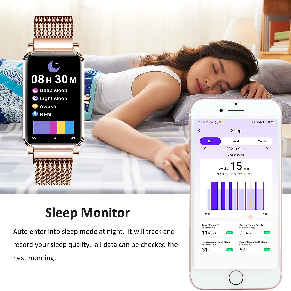 MBHB Exqusite Lady's Smart Watch, Health Monitor with Heart Rate Blood Pressure Sleep Monitor, HD Touch Screen Fitness Tracker for Women, Gold