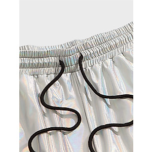 WDIRARA Men's Metallic Shiny Sparkly Drawstring Waist Shorts with Pockets Silver Reflective S