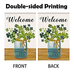 WODISON Welcome St Patricks Day Garden Flag For Yard House, Spring Shamrocks Clovers 12x18 Inch Burlap Double Sided Printing, Outdoors Home Decoration Banner (Only Flag)