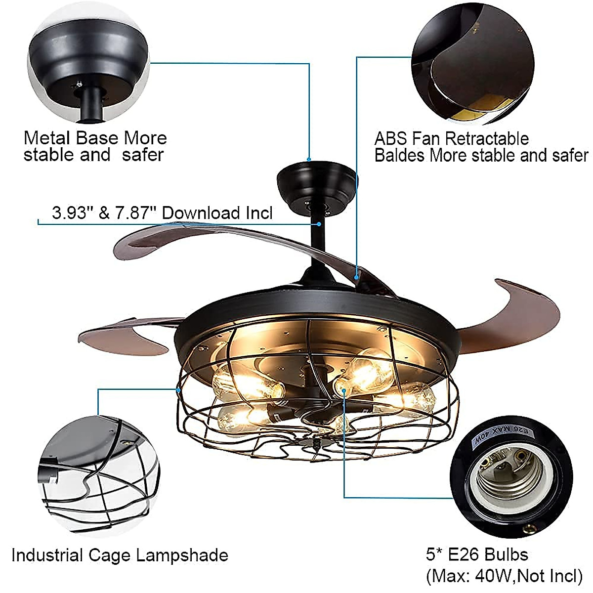 DLLT Ceiling Fan with Lights-42 Industrial Ceiling Fan with Retractable Blades, Vintage Cage Ceiling Light Fixture with Remote for Dining Room, Living Room, 5 E26 Bulbs Not Included, Black