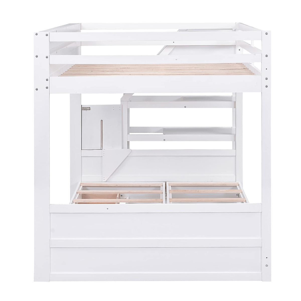 Harper & Bright Designs Full Over Full/Futon Bunk Beds with Stairs and 3 Drawers, Built-in Shelf, Bottom Bed can be Converted into Daybed, Solid Wood Bunk Bed Frame (White)