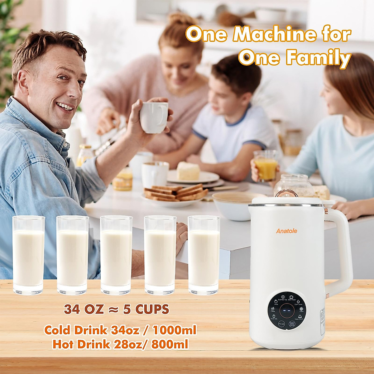 Anatole Nut Milk Maker 35oz 1000ml Almond Milk Machine 8-In-1 Automatic Soy Oat Cow Plant-Based Milk Homemade Dairy-Free Beverages with 10 Stainless Steel Blades 12 Hours Timer