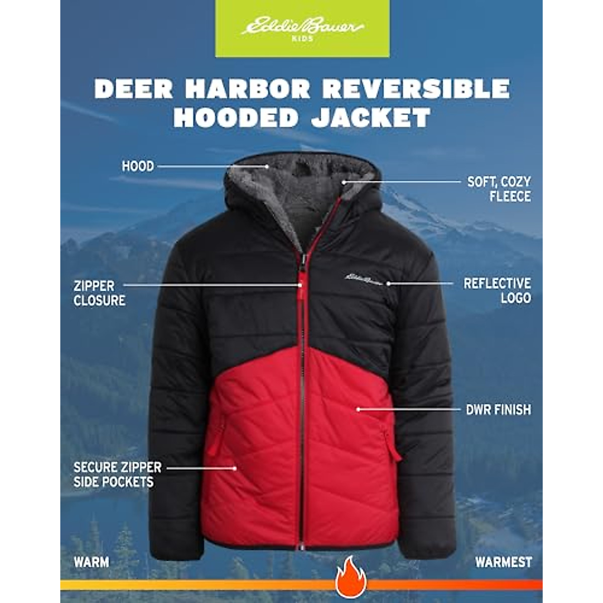 Eddie Bauer Boys' Reversible Jacket - Waterproof Lightweight Fleece Lined Hooded Puffer Coat - Boys Outerwear Jacket (5-20), Size 7-8, Chili Pepper