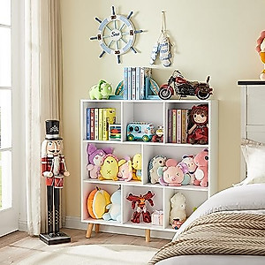 3-Tier Bookshelf, 8-Section Wooden Bookcase, Storage Organizer with Pine Legs, Modern Storage Display Cabinet for Living Room, Classroom, Kid’s Room (White)