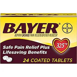 Genuine Bayer Aspirin 325mg Coated Tablets, #1 Doctor Recommended Aspirin Brand, Pain Reliever and Fever Reducer, 24 Count