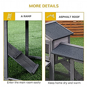 PawHut Rabbit Hutch, Wooden Bunny Hutch, Guinea Pig Cage, Small Animal Enclosure with Run Area, Removable Tray, Asphalt Roof, Lockable Doors and Ramp, Gray