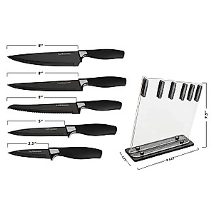 Luxhomewares 6 Piece Knife Set | 5 Beautiful Black Titanium Knives with Block Sharp Kitchen Sets Multiple Size, All Purpose 8 inch Chef, Bread, & Carving Utility Paring