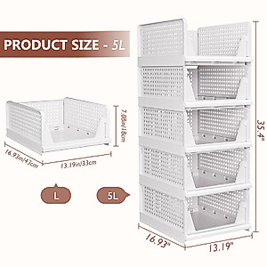 5 Pack Folding Closet Organizers Storage Box, Stackable Storage Bins, Plastic Drawer Basket Closet Storage for Wardrobe Cupboard Kitchen Bathroom Office White-5L