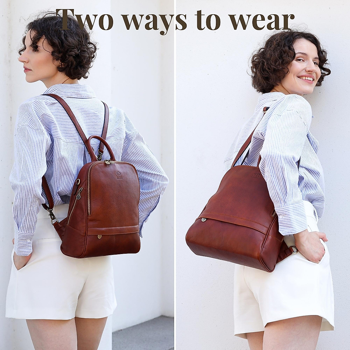 Time Resistance Leather Backpack Convertible to Shoulder Bag Full Grain Real Leather Travel Versatile Bag (Cognac)