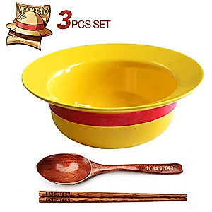 shiningsoul 3 PCS ONEPIECE Luffy Straw Hat Ramen Bowl Set Anime (Straw Hat Ceramic Bowl + Wooden spoon + Chopsticks) Dishwasher & Microwave Safe - Good Gift for Anime Fans