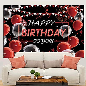 Happy Birthday Photography Backdrop 7x5FT Polyester Red and Black Balloon Confetti Birthday Decoration Photo Booth Background for Kids Men Women Anniversary Birthday Party Banner Supplies