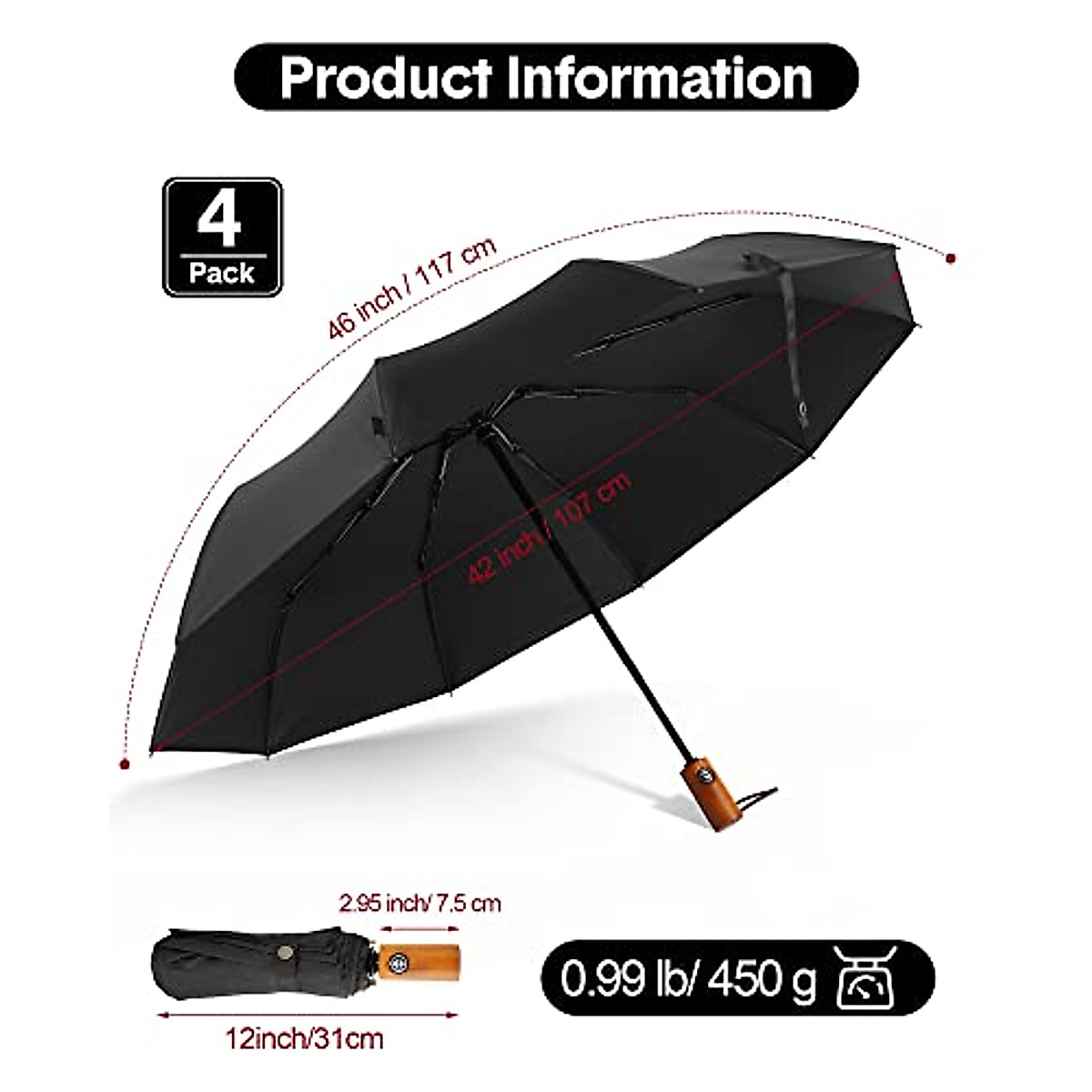 Kacctyen 4 Pieces Travel Umbrellas Compact Windproof Rain Umbrella Automatic Folding Umbrella Small Portable Umbrella for Men Women, Black