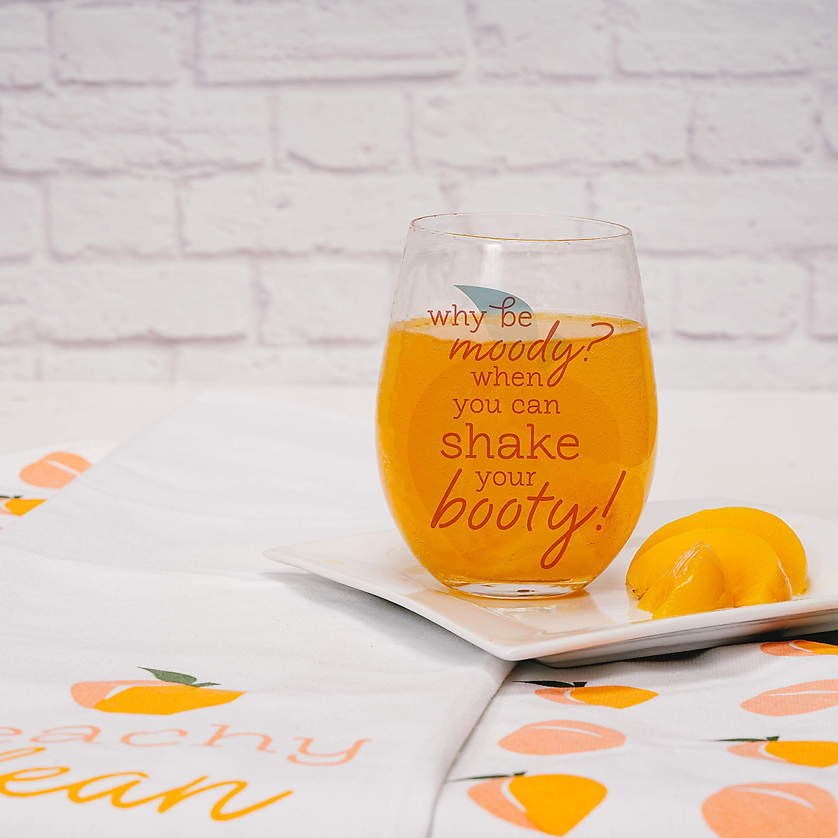 Pavilion Gift Company Why Be Moody When You Can Shake Your Booty Booty-18oz Peach Patterned Stemless Wine Glass, 18 oz, Orange