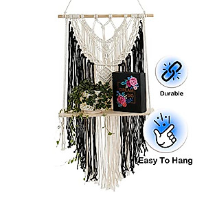 PlanterSam Macrame Wall Hanging with Removable Shelf - 100% Cotton Hanger for Indoor Plants - Aesthetic Room Decor and Hardware Included (Black)