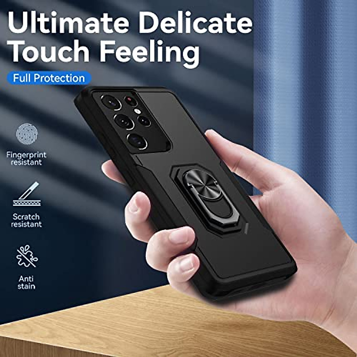 YmhxcY Samsung S21 Ultra Case with 2 Pack 3D Curved Screen Protector, [Military-Grade] 360°Finger Ring Holder Shockproof Protective Case -Black