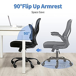 HOMEFUN Desk Chair with Wheels, Black Office Chair, Ergonomic Mesh Rolling Chair with Flip-up Armrests and Lumbar Support, Swivel Task Computer Chair