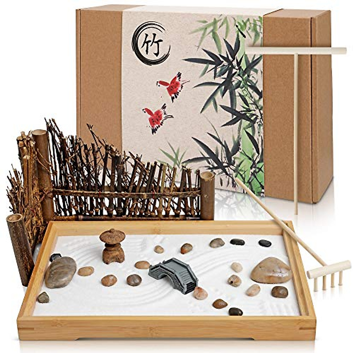 ENSO - Japanese Zen Garden Kit for Desk - 11x7.5 Inches Large - Bamboo Tray, White Sand, River Rocks, Pebbles, Rake Tools Set - Office Table Accessories, Mini Zen Sand Garden Kit - Meditation Gifts