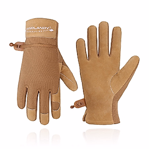 HANDLANDY Gardening Gloves for Women Flexible & Durable, Breathable Utility Work Gloves Heavy Duty Leather Garden Yard Glove (Small, khaki)