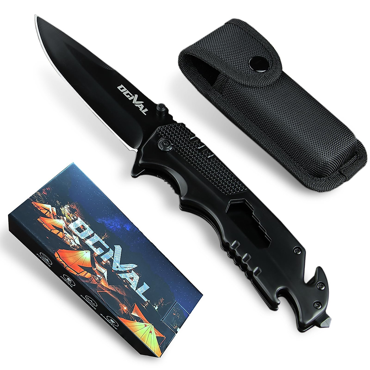 OGIVAL Pocket Knife，4inch Folding Knife with Nylon Sheath and Pocket Clip, Bottle Opener, Glass Breaker, Seatbelt Cutter and Wrench, Black